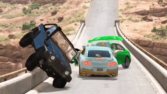 史诗级BeamNG:越野车开足马力疯狂超车连环相撞,模拟交通事故