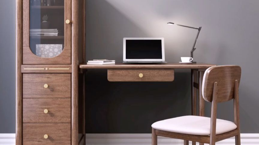 新中式实木书桌书柜一体桌轻奢小户型胡桃木书房家具工作台办公桌