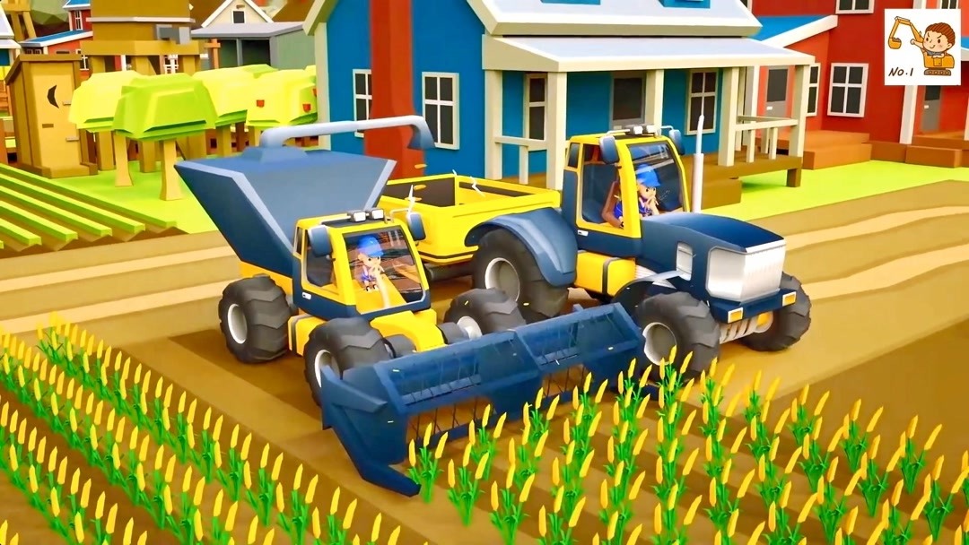 拖拉机动画片儿童,拖拉机、收割机收获成熟小麦