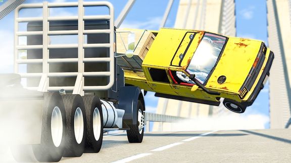 BeamNG:皮卡车开足马力超车失控冲向大卡车,模拟真实车祸(4)