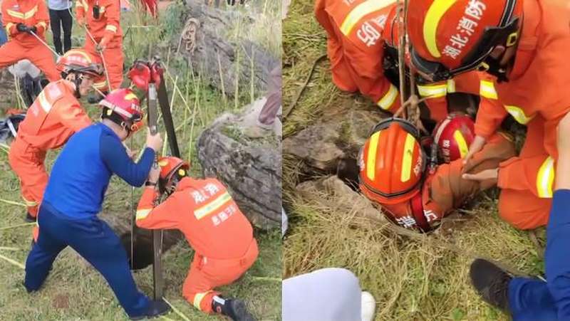 【 5岁女童田间玩耍掉进20米深坑 ,消防员下坑15分钟成功救回】近日,...