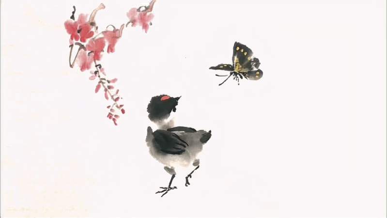 水墨写意画小雏鸡与蝴蝶