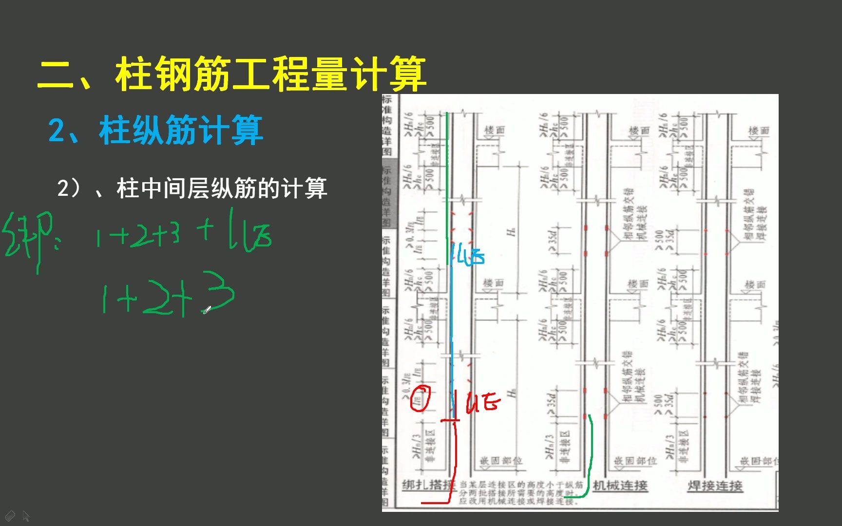 柱钢筋工程量计算,柱纵筋计算,柱中间层纵筋的计算