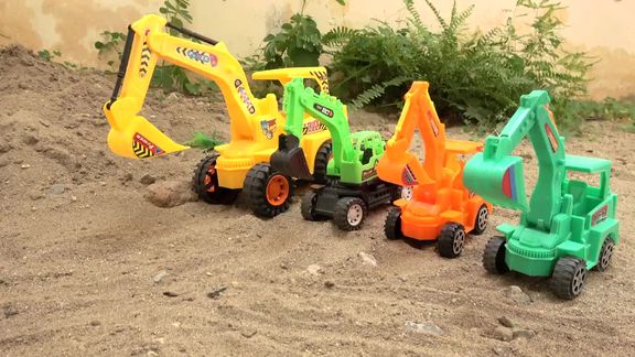 趣味动画,挖土车卡车一起合作,运送沙土