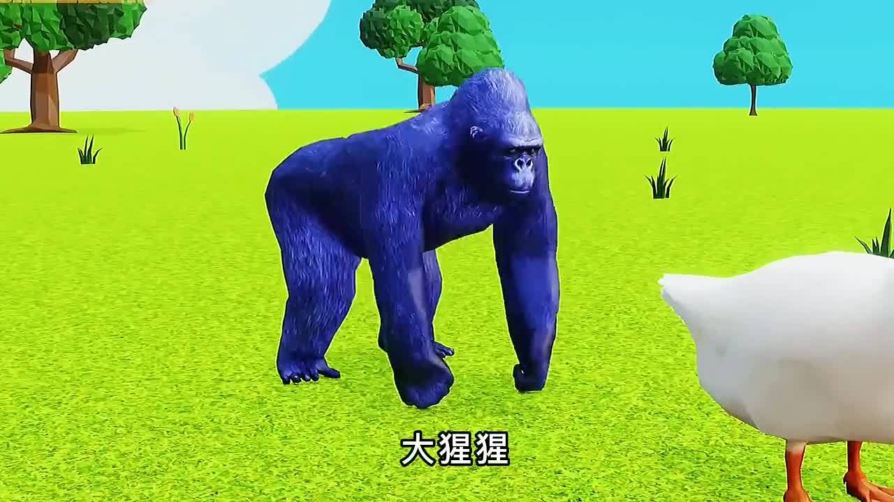 儿童益智动画:鸭子奶牛老虎狮子大猩猩等动物排队过魔法喷泉