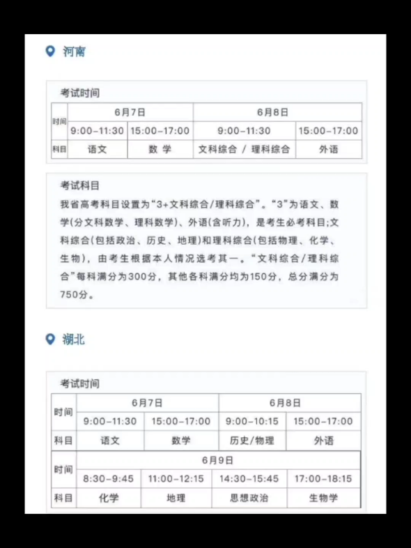 2022全国各省高考时间及考试科目安排