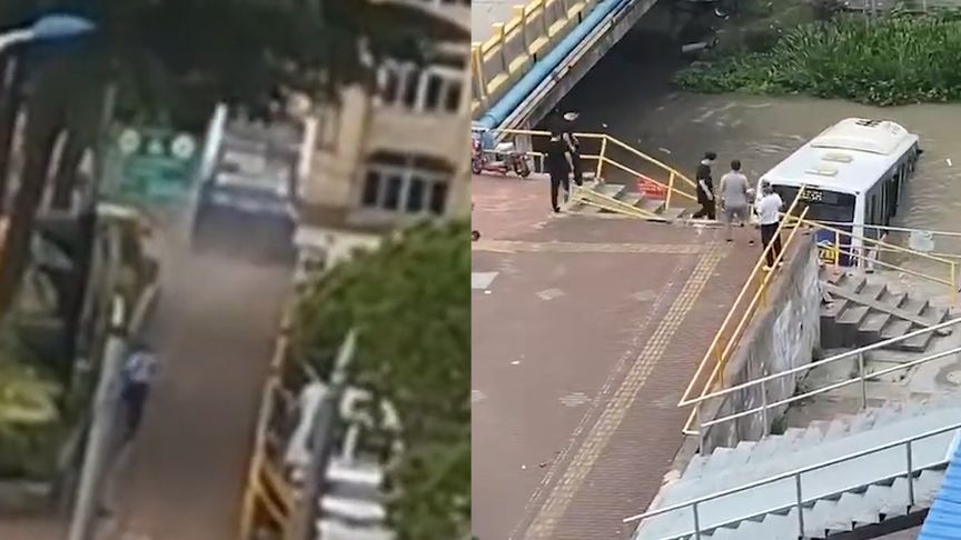 画面曝光!上海一公交车冲上人行道坠河,浦东警方通报