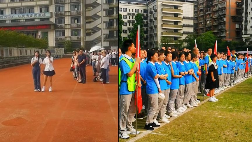 高三学生最后一次升旗仪式,女生人群中出场唱《再见》,满满感动