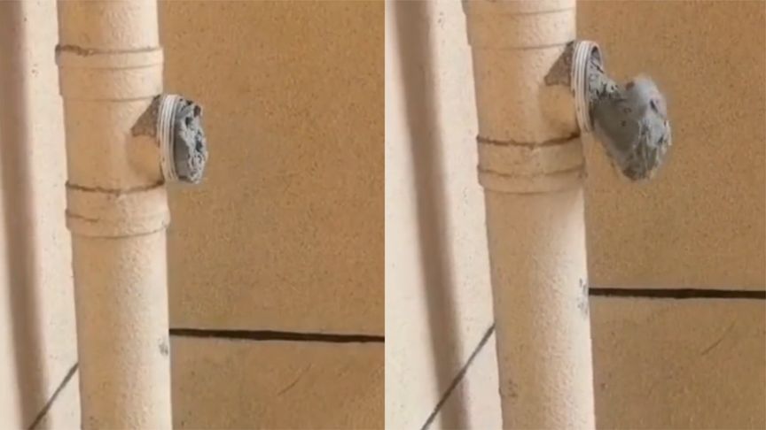 一小区下水道被水泥堵塞,水泥一节节从管道排出:画面难以形容