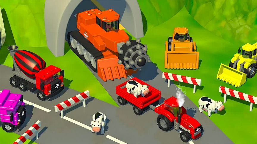 挖掘机和工程车维修新的马路,工程车视频表演,儿童益智动画
