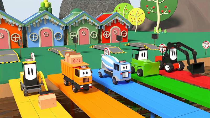 儿童工程车动画:挖掘机和工程车过彩色的桥,学习数学和颜色