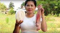 柬埔寨野炊: 粉丝、豆皮、木耳和猪肝炒猪肉, 和东北乱炖有得一拼