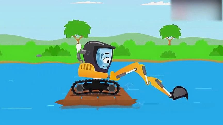 儿童卡通,工程车动画,挖掘机动画,挖掘机在河里漂流