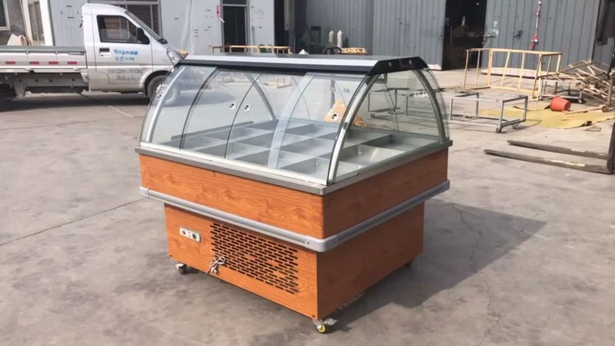 木纹转印风冷直冷商超促销台!双面弧形玻璃推拉门配手工盘!