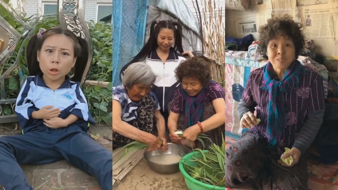 搞笑农村囧事:这用小南瓜来推车,老妈直接给傻妞做一顶帽子!