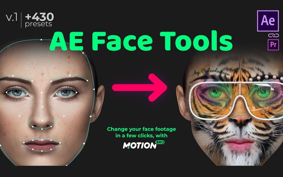 ...面部追踪贴图表情化妆美颜丑化换脸锁定特效预设工具 AE Face Tools