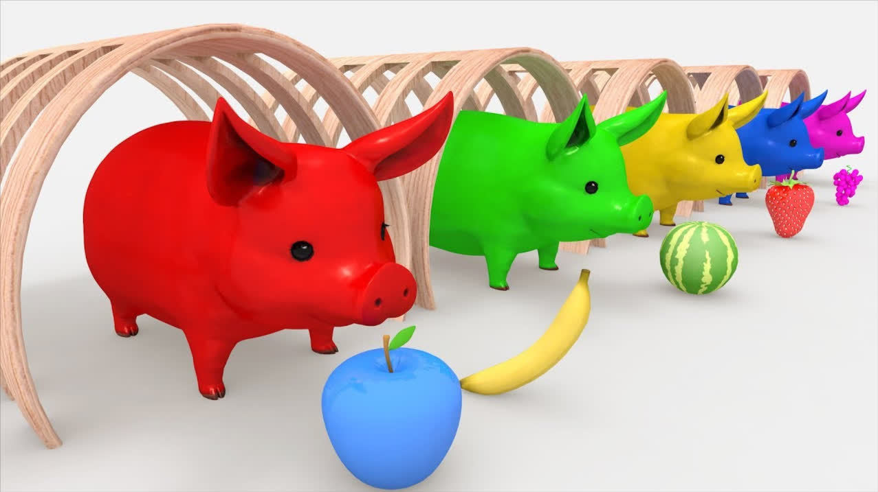 黑猩猩喂小猪吃彩色水果变色认识颜色和水果英语早教益智动画