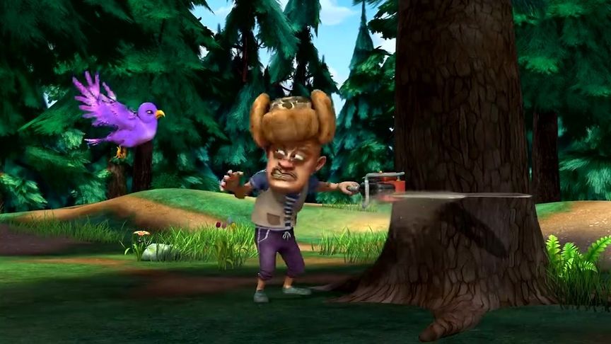 光头强砍树毁了小鸟的窝,小鸟使劲啄他