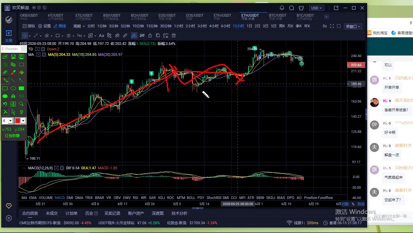 2020-06-15直播缠论比特币实盘操作+解股票录像。