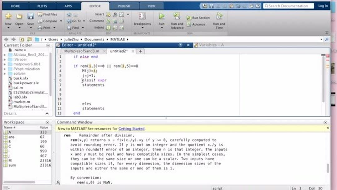 Matlab求1000以内3和5倍数的和||for loops 和 if else 怎么用