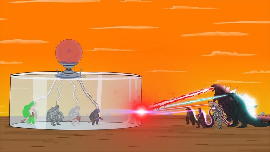 四只金刚被困在中国制造的玻璃容器内,哥斯拉家族积极营救