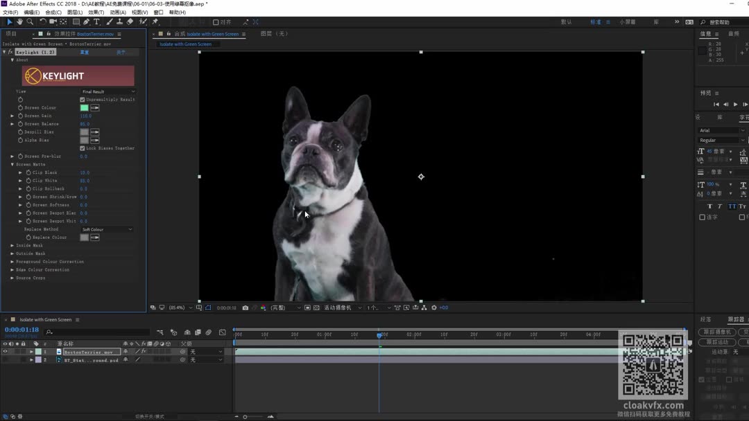 AE CC 2018 全基础课程:22-Keyligth(1.2)绿幕抠图