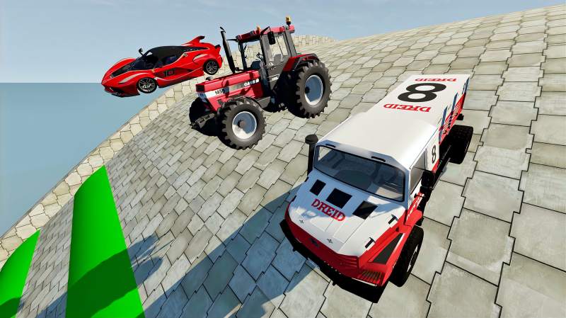 法拉利,拖拉机和装甲货车从超长减速带坡道上冲下去,车祸模拟器