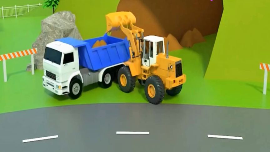 趣味动画_工程车挖掘机推土机修路给卡车通过