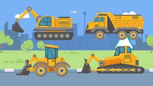 工程车动画:挖掘机、推土机、翻斗车,工地施工汽车认知