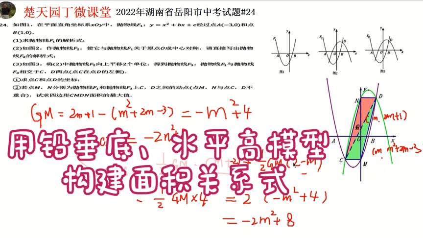 2022年湖南岳阳市中考#24.二次函数图象对称、平移及面积最值问题