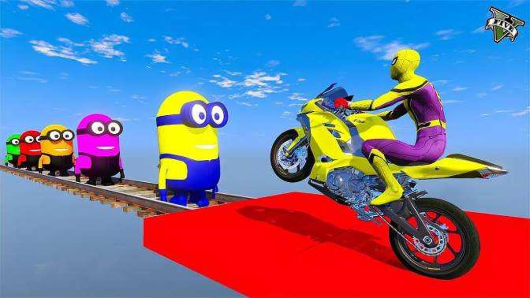 蜘蛛侠模拟器:蜘蛛侠竟骑着小黄车挑战一排小黄人,能挑战成功吗