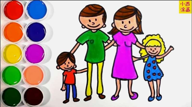 亲子趣味涂色本,绘制一家四口简笔画,涂色后很漂亮吧!