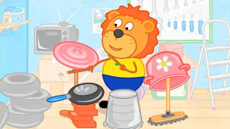 小狮子用家里的厨具演奏打击乐,趣味卡通儿童简笔画
