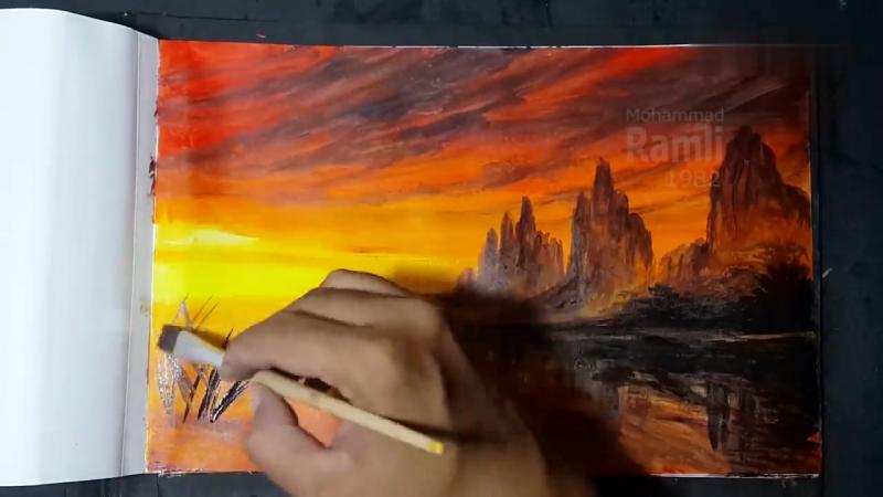 简单的风景画教程:山水落日