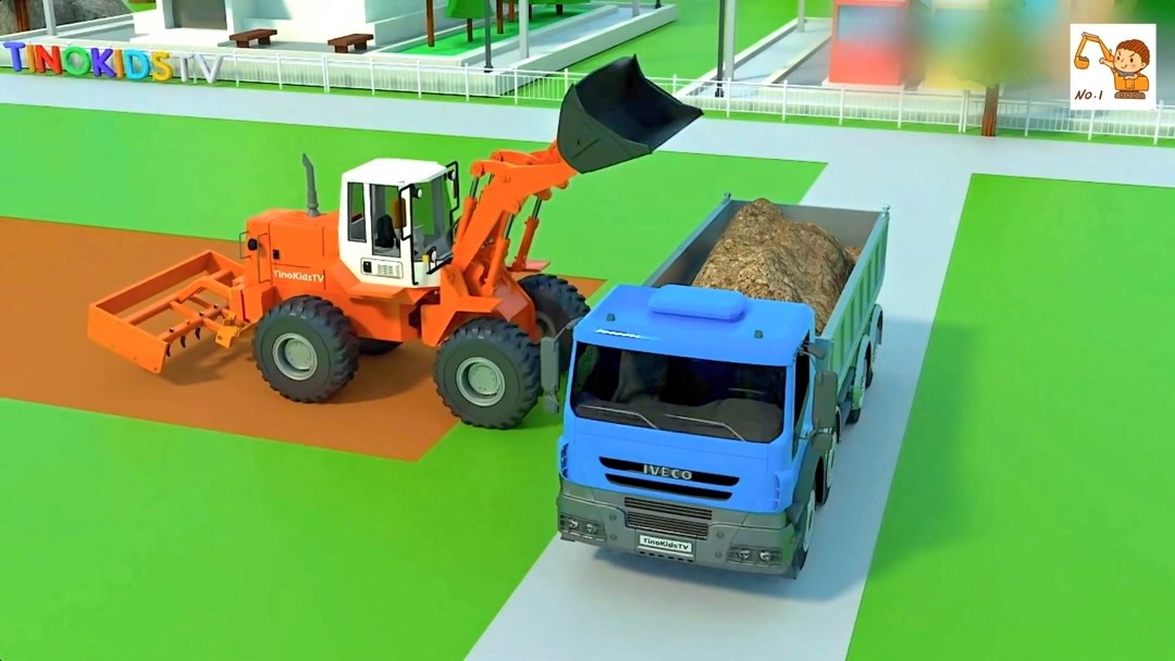 工程车施工动画,装载机、翻斗卡车、推土机在草坪上建造足球场