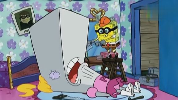 海绵宝宝使用铁锹电钻除掉珍珍脸上的藤壶,谁知一点用都没有