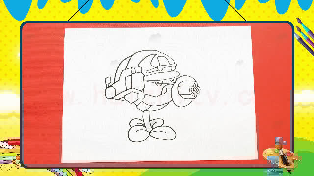 手绘卡通简笔画之画植物大战僵尸中的机枪豌豆