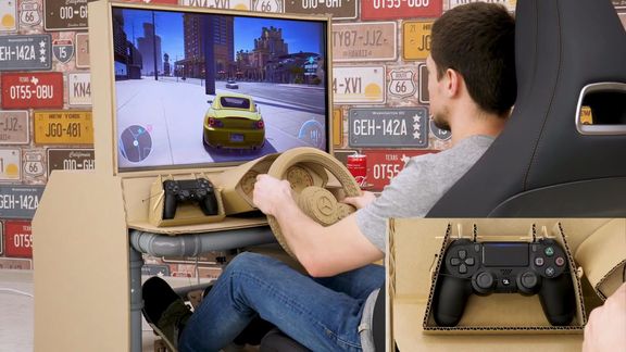 手工牛人用纸板制作模拟赛车驾驶控制台,这设备玩游戏也太高大上