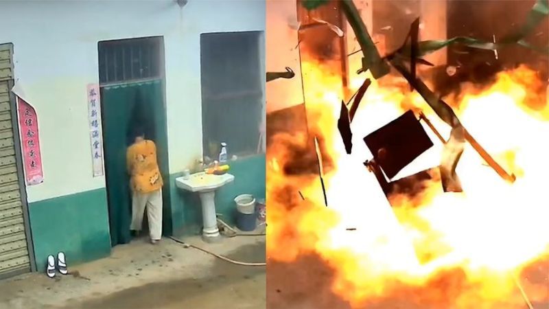 老人进厨房煤气罐突然爆炸,一瞬间火团喷出门炸变形,跑出来后怕