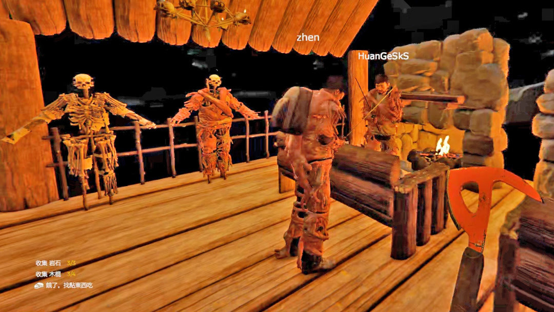 迷失森林多人联机:房子有很多护甲装备,每个队友都有一把武士刀