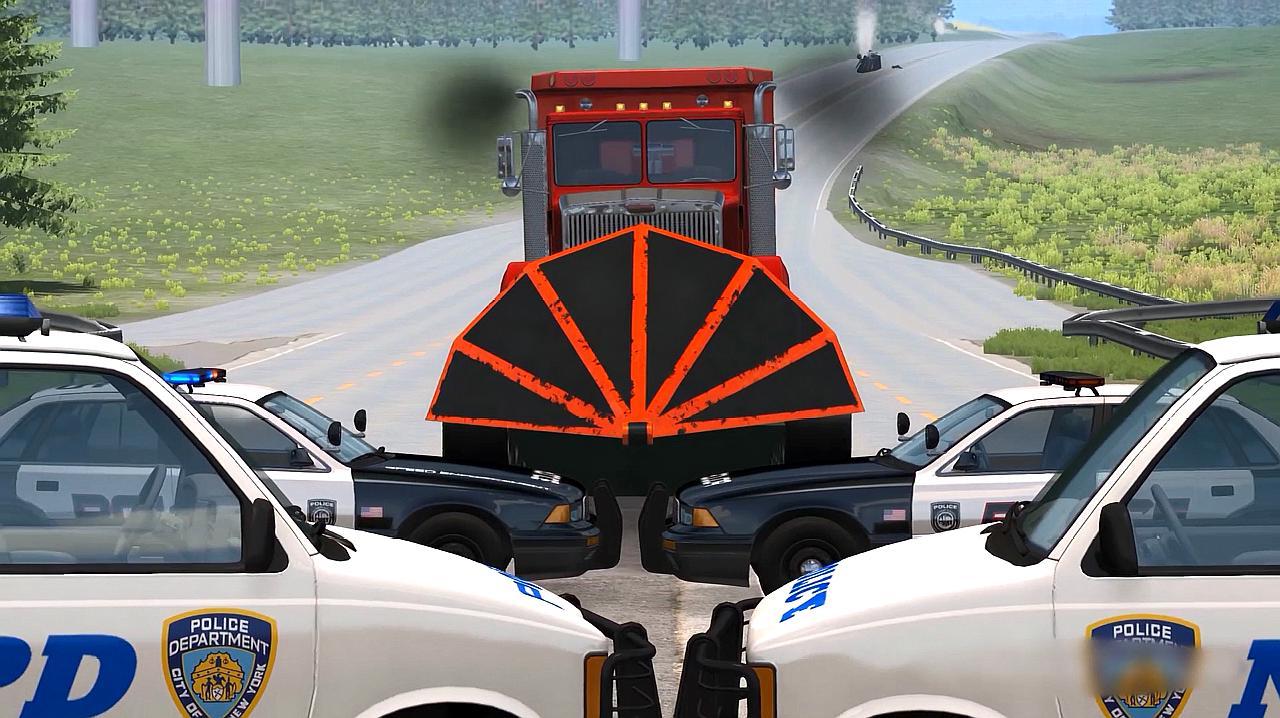 Beamng:崩溃,警车碰撞怪物卡车后变成这样子?这画面太震撼了!