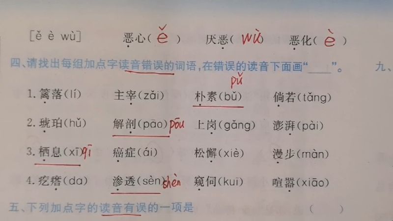 四年级下期末总复习,找出每组加点字读音错误的词语,划出并订正