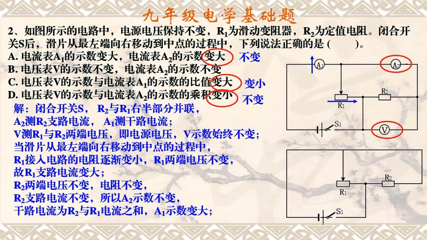 九年级电学基础题:滑动变阻器变化时,电流表与电压表示数变化