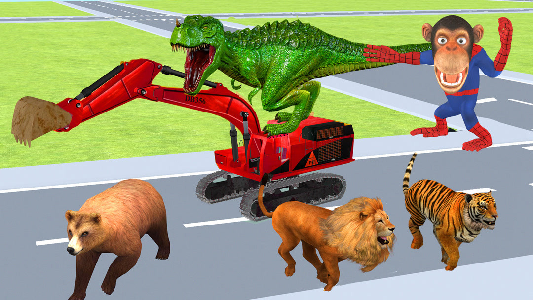 霸王龙开挖掘机,快无敌啦,小猴子快出手~学英语动画片