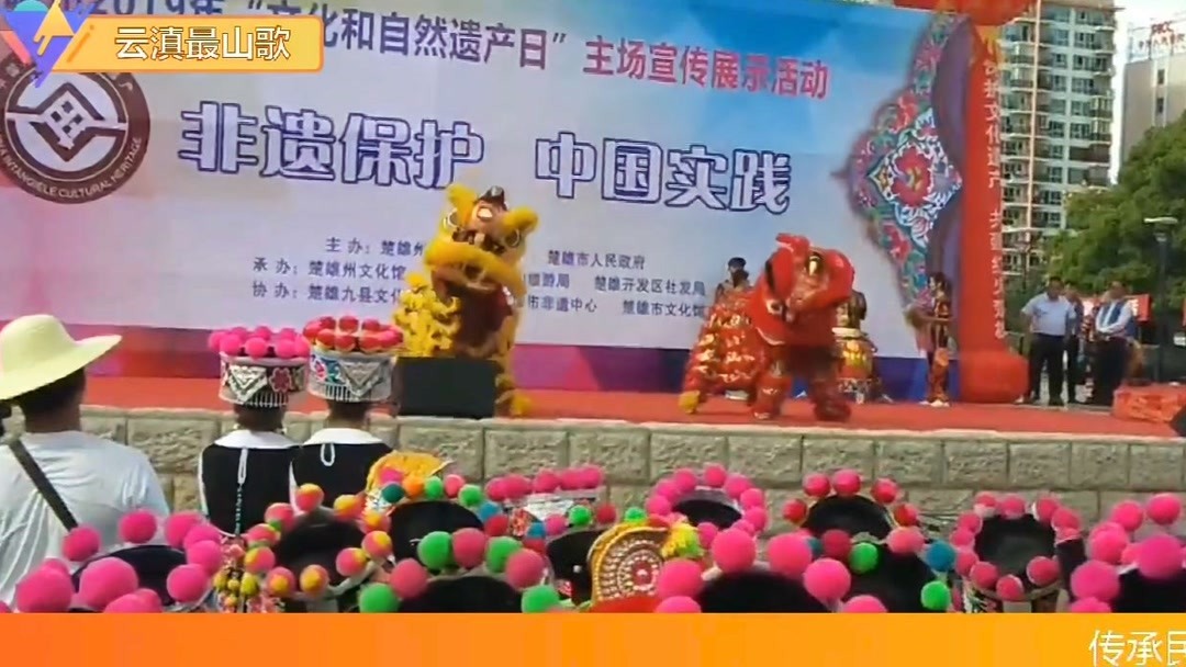 云南楚雄彝族非遗日宣传活动开幕式上的舞狮表演!