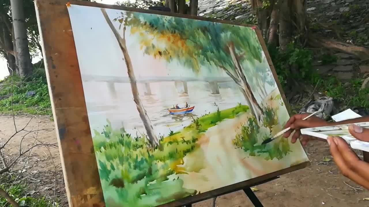 水彩画技法展示:湿画法表现远处架设河面的桥,河岸边的树