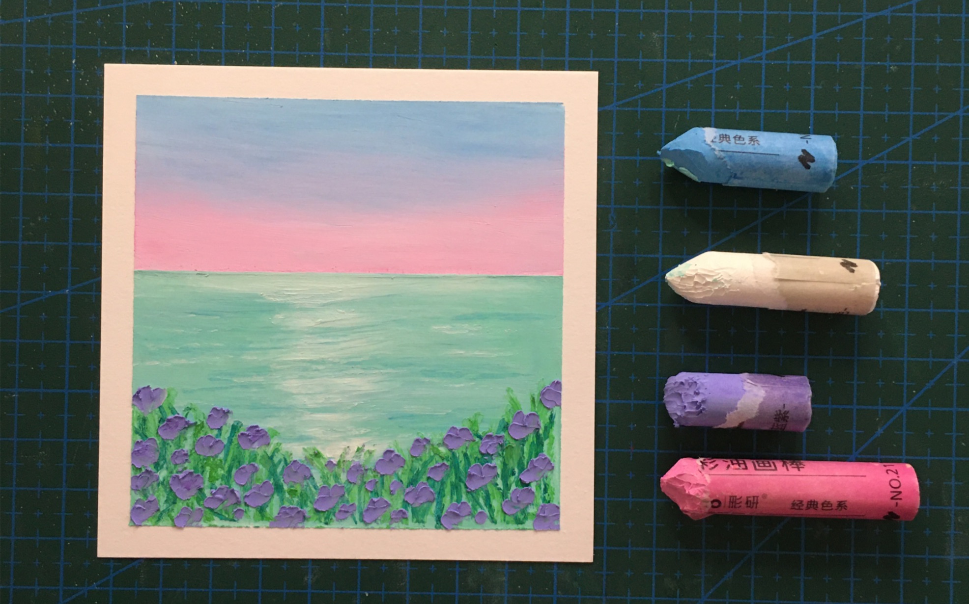 油画棒|油画棒教程,薄荷味的大海,糖果系天空,油画棒小清新风景画教程...