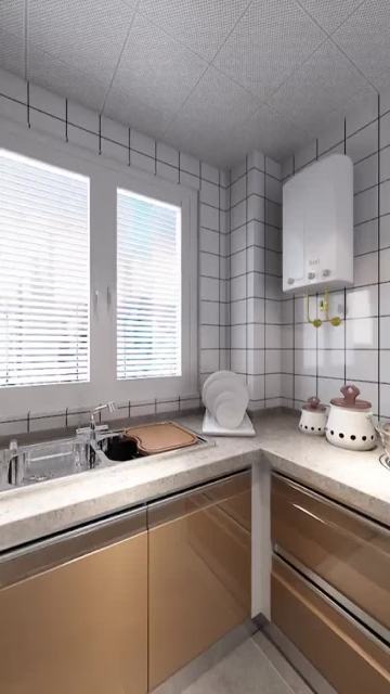 小户型厨房设计可以考虑做U型,这样设计储物能力可以给满分