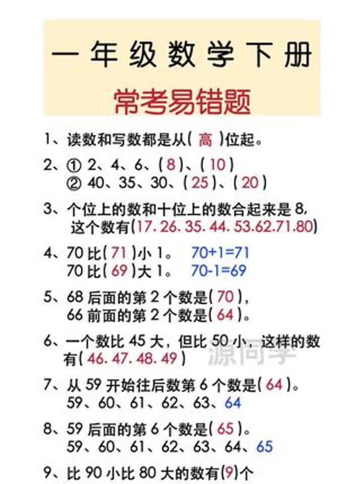一年级数学下册常考易错题,家长收藏起来给孩子读一读,记一记吧必考考点