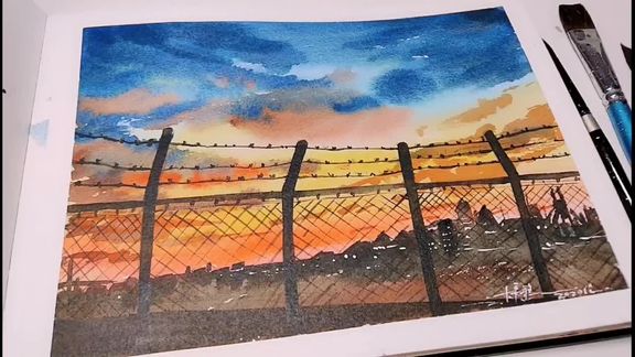 零基础水彩风景教程～分享～城市边缘的晚霞～#画画 #手绘 #水彩